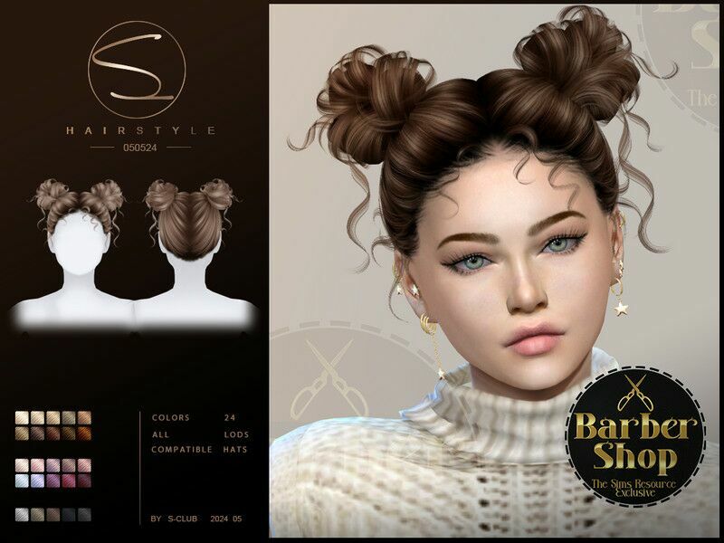 (Barber Shop)Cute Double Buns Hairstyle 050524 By S-Club Sims 4 CC Download