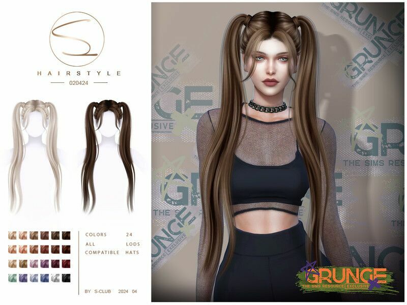 Grunge Hairstyle ( Double Ponytail )020424 By S-Club Sims 4 CC Download