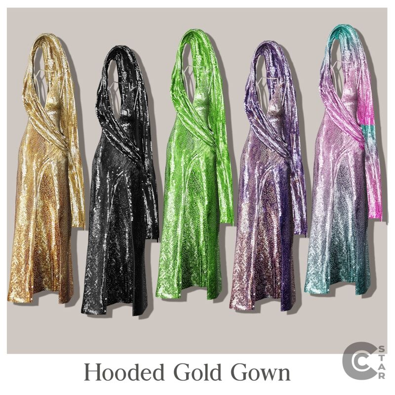 Hooded Gold Gown: Stylish and Versatile Sims 4 CC Download